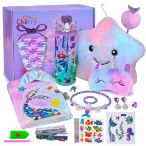 cherry tale mermaid gifts for girls age 5 6 7 8 9 10, girls mermaid birthday gifts set with light up star pillow diary plush diy water bottle kits christmas presents toys