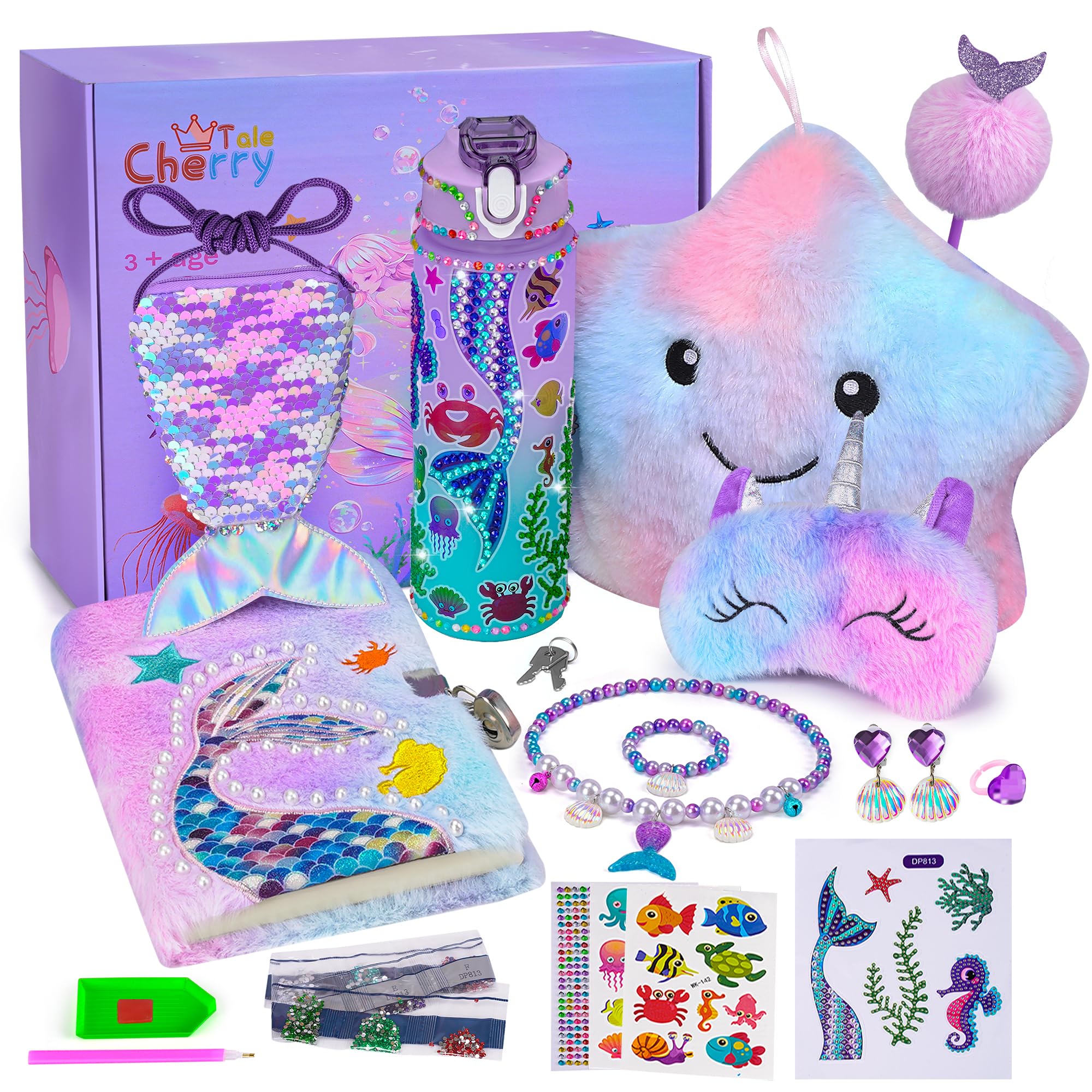 Cherry Tale Mermaid Gifts for Girls Age 5 6 7 8 9 10, Girls Mermaid Birthday Gifts Set with Light Up Star Pillow Diary Plush DIY Water Bottle Kits Christmas Presents Toys