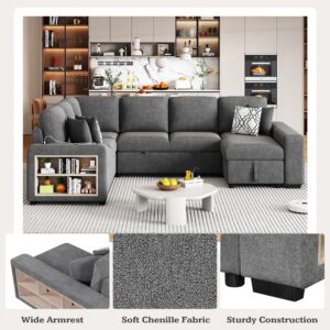 Merax 109" Large Sectional Sleeper Sofa with Pull Out Bed, Storage Chaise/Shelf & USB Ports, Dark Gray Oversized 5 Seat U-Shaped Couch Set, Convertible Sofabed for Living Room and Apartment, Grey