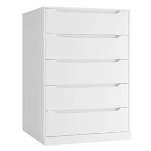 hostack modern 5 drawer dresser for bedroom, tall chest of drawers with storage, large wood cloth storage organizer with cut-out handle, accent storage cabinet for living room, hallway, classic white