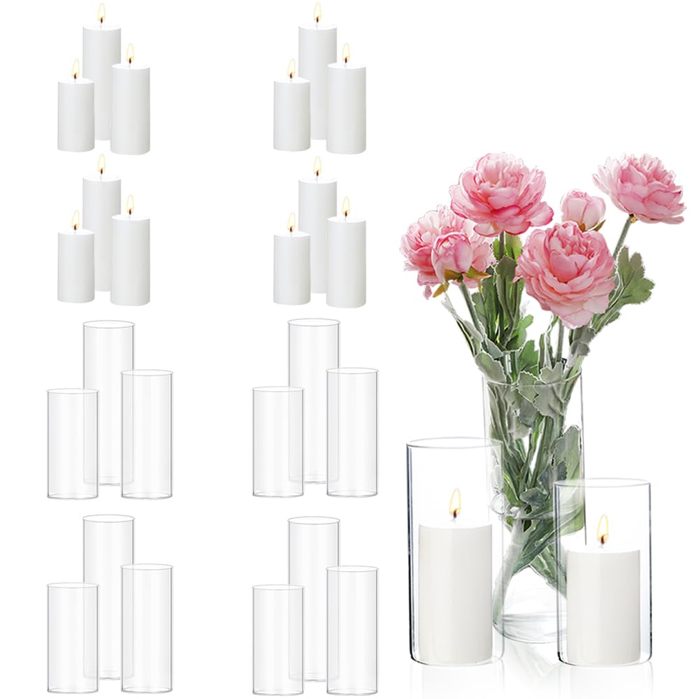 PNJHDZ 24 Pcs White Pillar Candles and Glass Candle Holders, Clear Cylinder Vases Pillar Candle Holders for Pillar Candles, Hurricane Candle Set for Wedding Party, Event, Home Office Decor