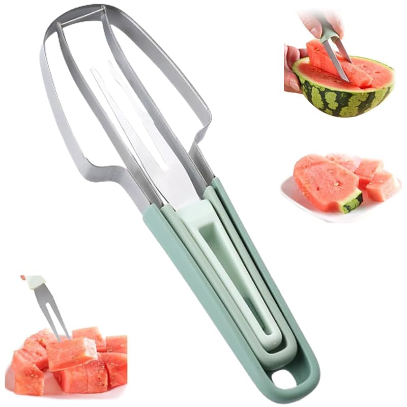 3-in-1 Watermelon Fork Slicer Cutter, 2024 Watermelon Cutter Stainless Steel Watermelon Windmill Cutter, 3 In 1 Summer Watermelon Cutting Tool Fork Slicer Knife Set for Home