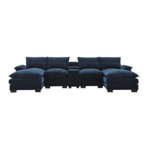 ONEMMLION Sectional Sofa Cloud Couch for Living Room, 123" Modern Fluffy Chenille U Shaped Couch, Comfy Modular Sofa Sleeper with Storage Console & Cup Holders & USB Ports for Apartment, Blue