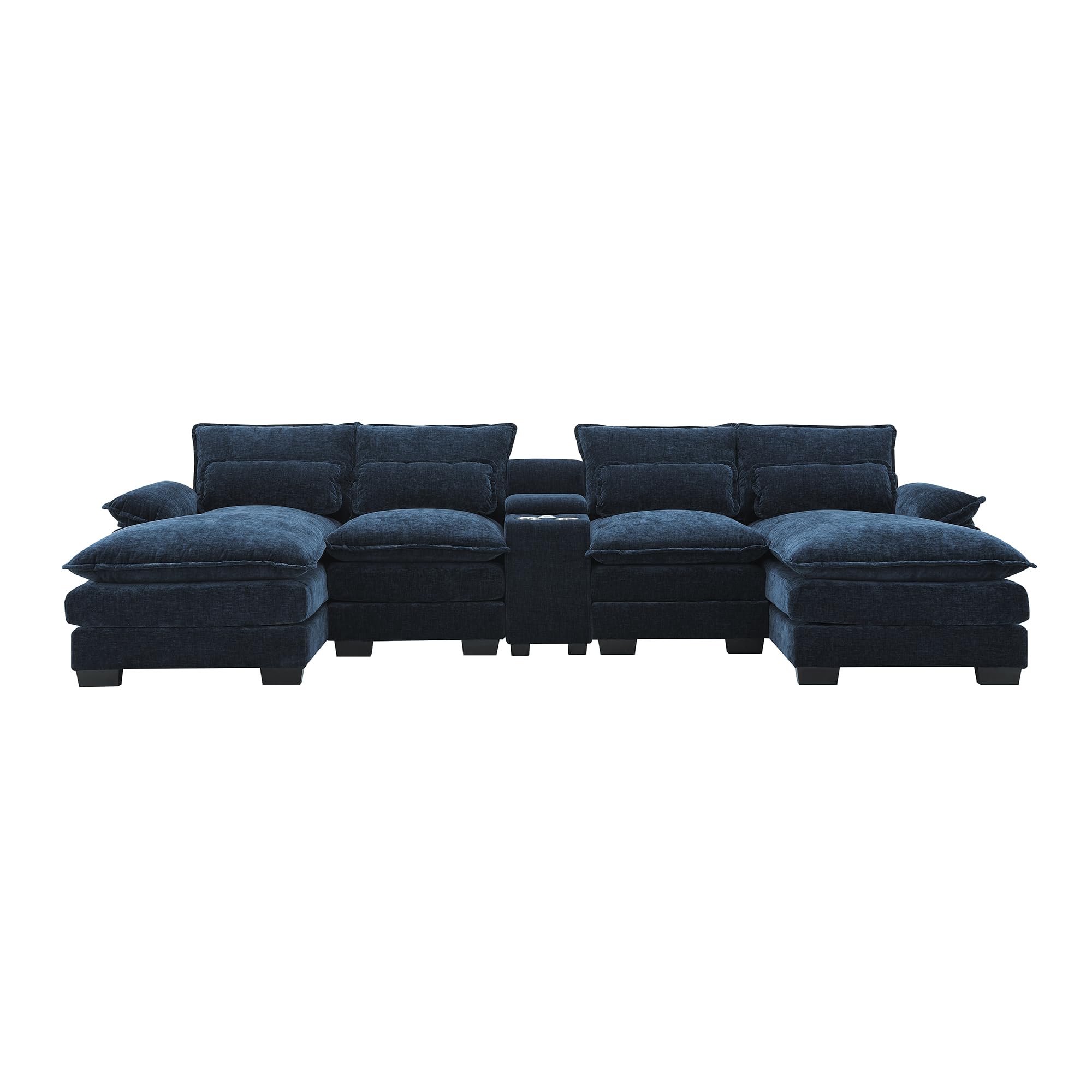 ONEMMLION Sectional Sofa Cloud Couch for Living Room, 123" Modern Fluffy Chenille U Shaped Couch, Comfy Modular Sofa Sleeper with Storage Console & Cup Holders & USB Ports for Apartment, Blue