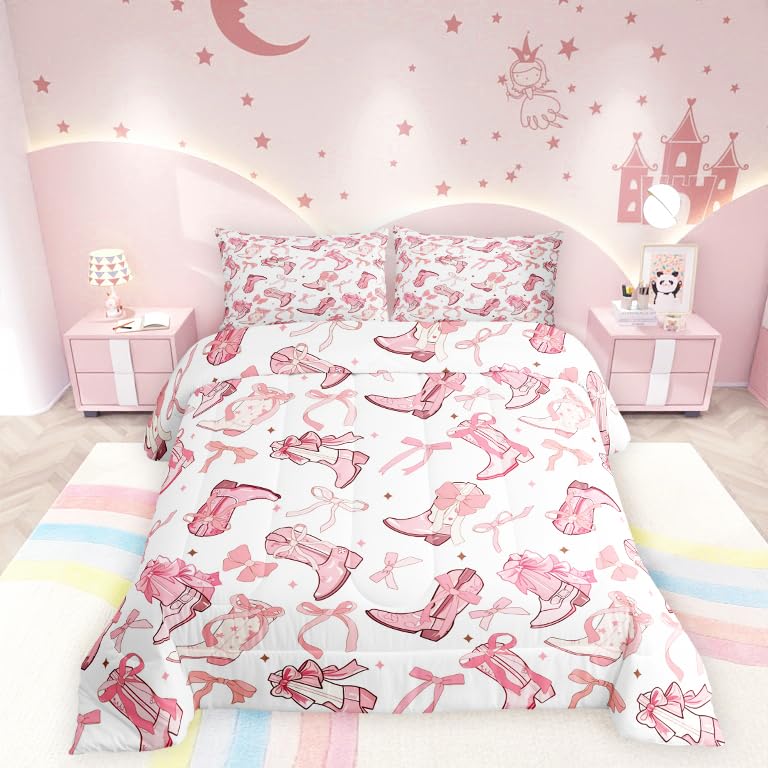 Manfei Cowgirl Comforter Set,Western Cowboy Boots Pink Bowknots Bedding Set for Kids Teens Bedroom,Dreamy Fairy Tale Princess Starry Quilt Set,Pink White Duvet Insert 2 Pcs with 1 Pillowcase,Twin