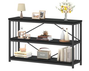 ibf low horizontal book shelf, industrial modern 3 tier bookshelf, farmhouse short open storage organizer long shelf, simple wide wood metal sturdy etagere for bedroom living room, black oak, 47 in