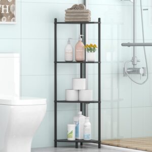 wisuce corner shelf stand - 4 tier black bamboo small corner bookshelf for office kitchen bedroom plant stand living room decor small space