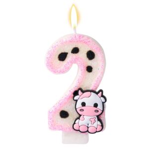 cow candle, milk cow print number candle glitter cake topper birthday cake candles farm animal theme for girls boys birthday decorations baby shower party favor supplies (number 2)