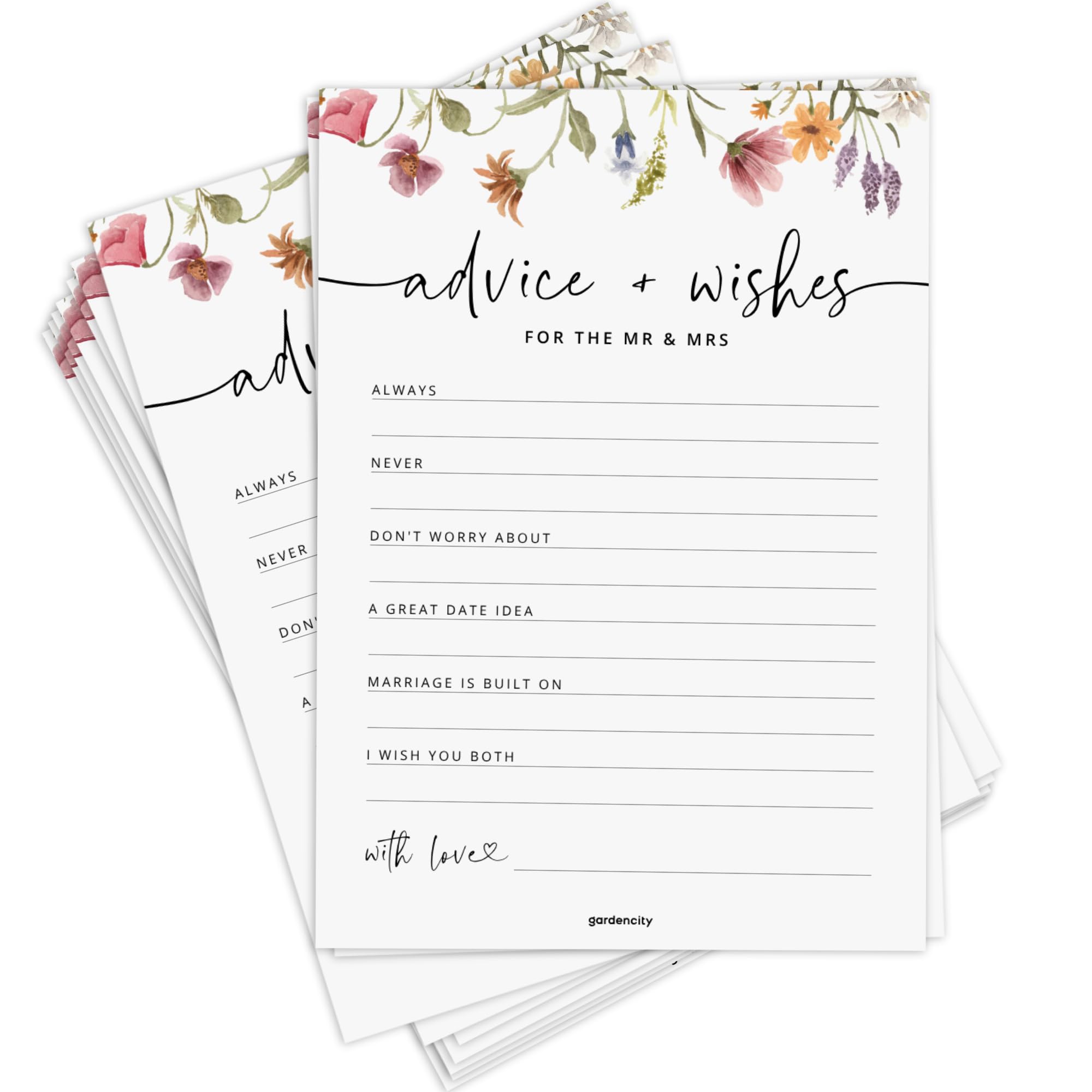 Advice and Wishes for the Mr and Mrs, Floral Wedding Advice Cards, Bridal Shower Games, Wildflower Advice for Bride Cards, Flower Advice Cards for Bridal Shower, Wedding Registry Ideas, 50 Pack