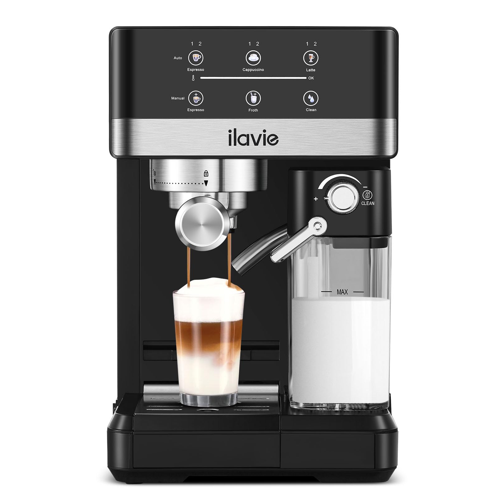 ILAVIE Espresso Machine Cappuccino Latte Coffee Espresso Maker, Auto Milk Frother for Smooth Milk Bubbles, Detachable Milk reservoir, 20 Bar High Pressure