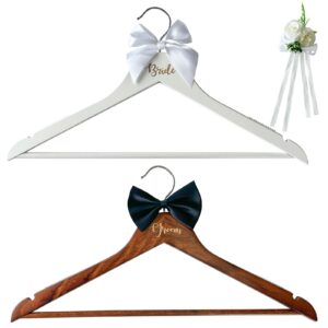 laiamer 2 pack bride hanger groom hanger, bridal hanger wedding hanger with bow tie & artificial flower for wedding dress wedding gift wedding party shower gift