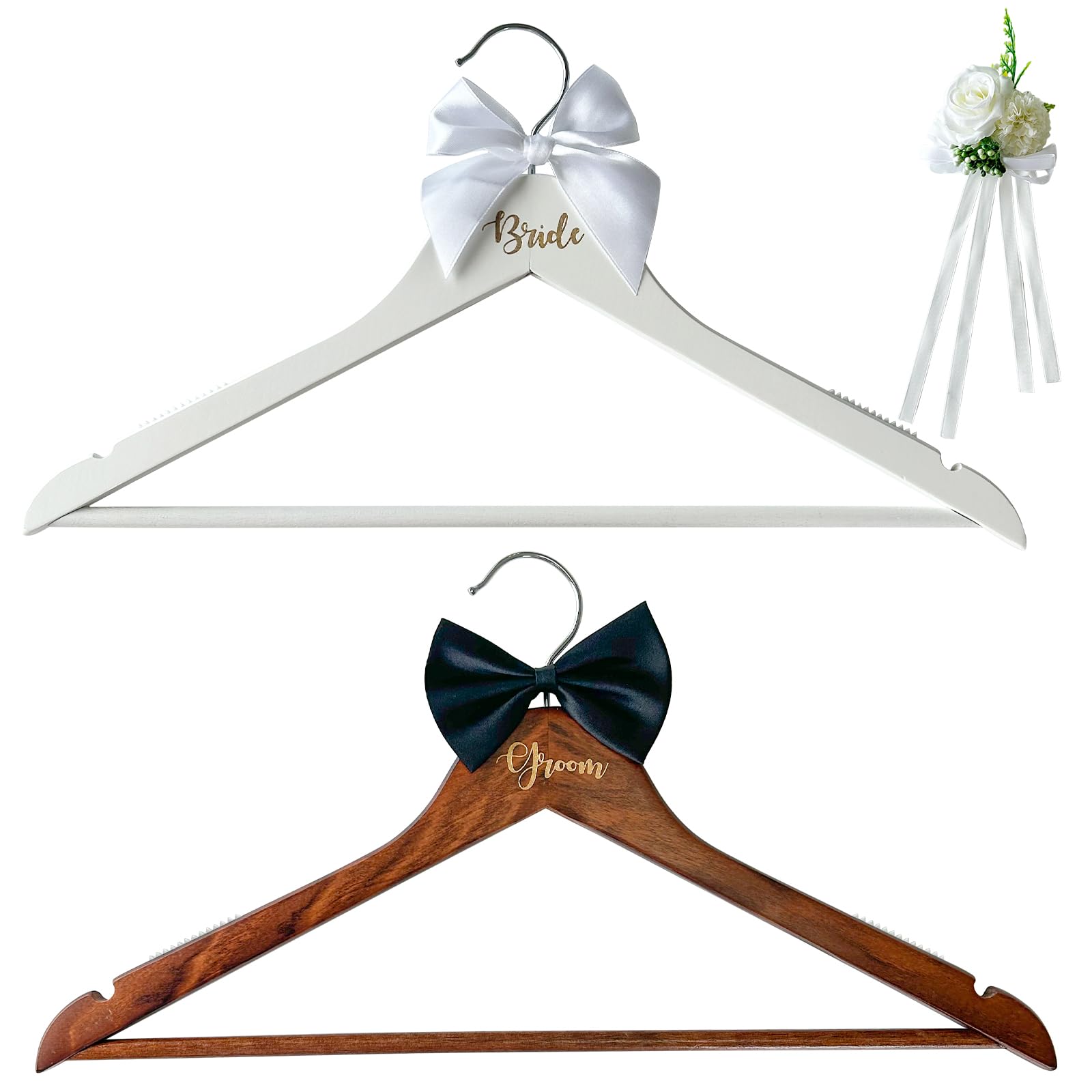 LAIAMER 2 Pack Bride Hanger Groom Hanger, Bridal Hanger Wedding Hanger with Bow Tie & Artificial Flower for Wedding Dress Wedding Gift Wedding Party Shower Gift