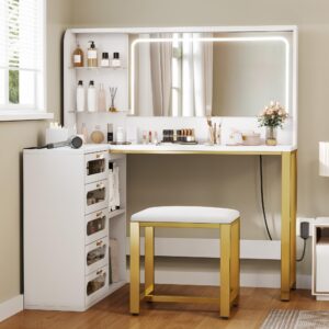 yitahome vanity desk set- l makeup vanity with mirror and lights 3 lighting modes, 48" large dressing table with 5 tempered glass drawers with open storage shelves vanity table, white