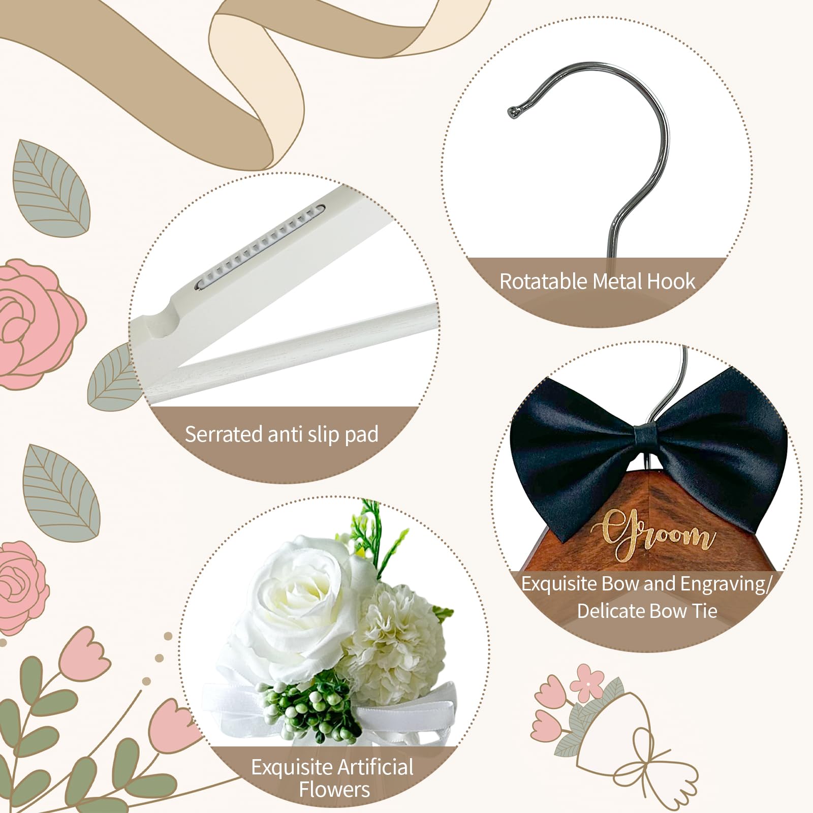 LAIAMER 2 Pack Bride Hanger Groom Hanger, Bridal Hanger Wedding Hanger with Bow Tie & Artificial Flower for Wedding Dress Wedding Gift Wedding Party Shower Gift