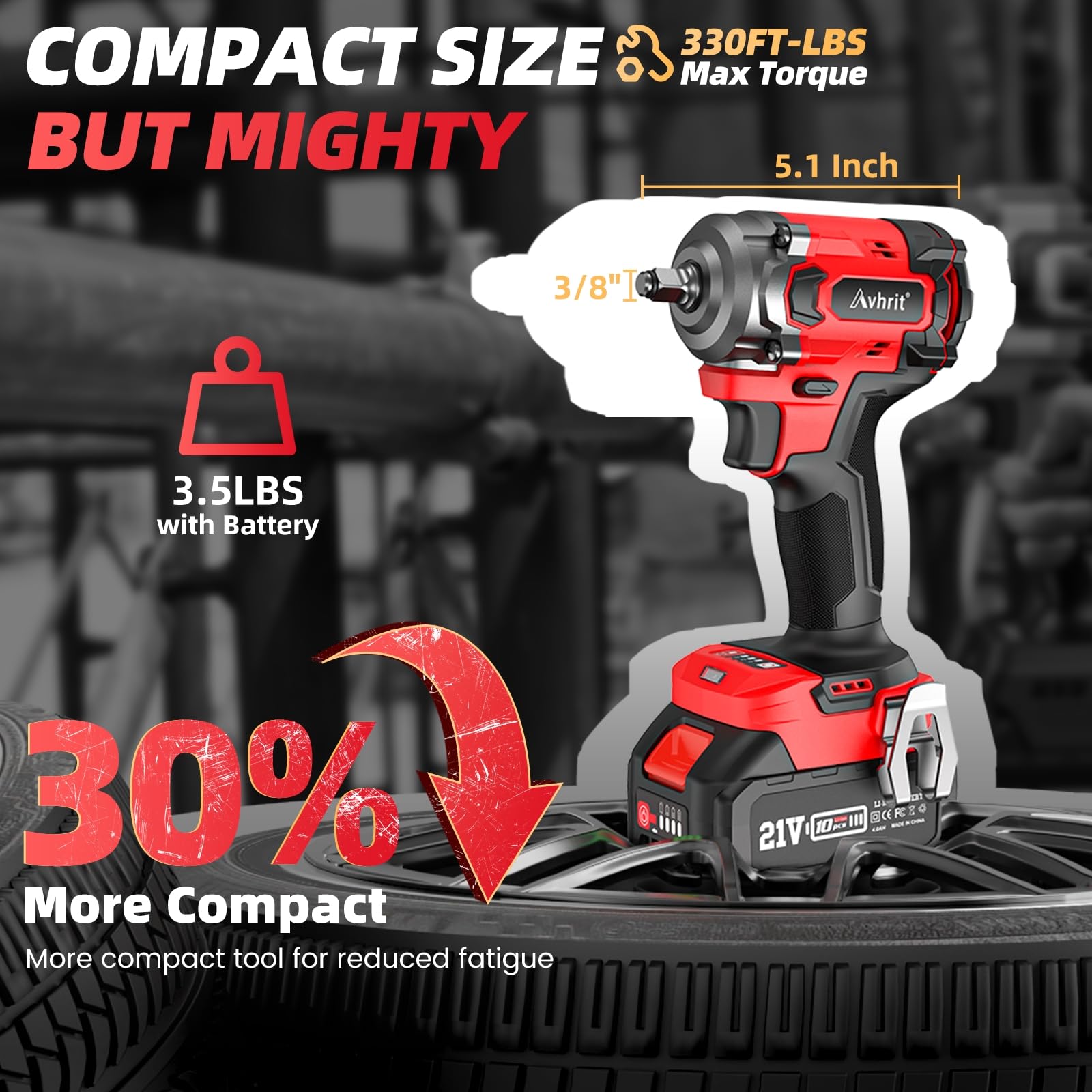 Avhrit 3/8" Impact Wrench Cordless, Brushless Electric Impact Gun Max Torque 330Ft-lbs(450N.m) w/ 4.0Ah Battery, Charger, 5 Sockets, Power Impact Wrenches for Car Home, Tire Repair