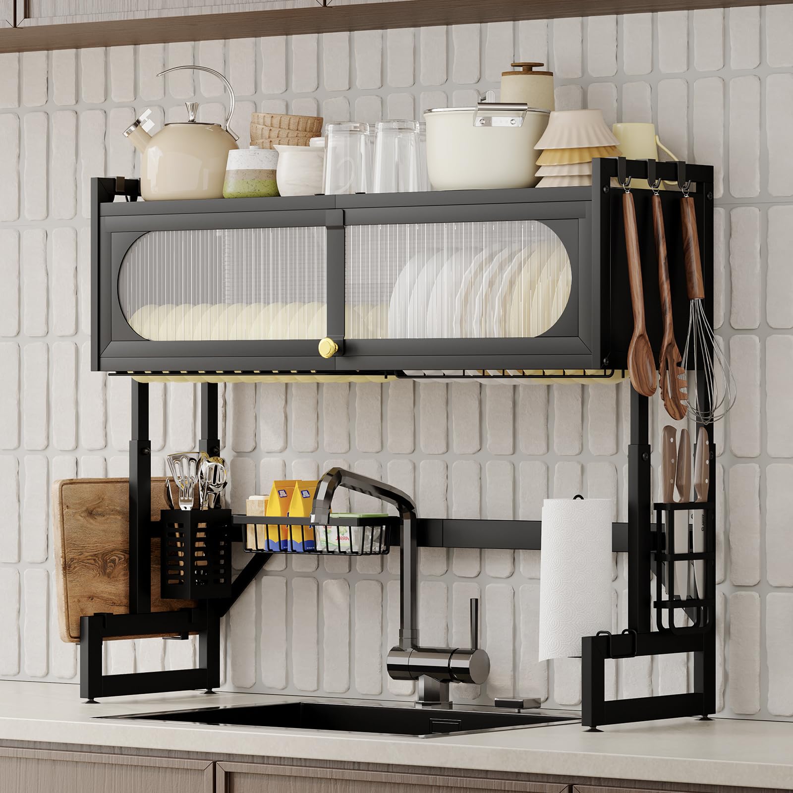 Fixwal Dish Drying Rack 3 Tier Over The Sink Dish Drying Rack for Kitchen Sink Shlef Expandable Height (Black)