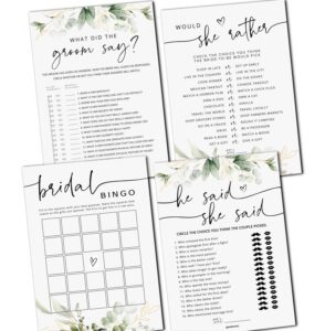 bridal shower games - set of 4 bridal shower games for 30 guests, double-sided cards (eucalyptus)