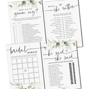 Bridal Shower Games - Set of 4 Bridal Shower Games for 30 Guests, Double-Sided Cards (Eucalyptus)