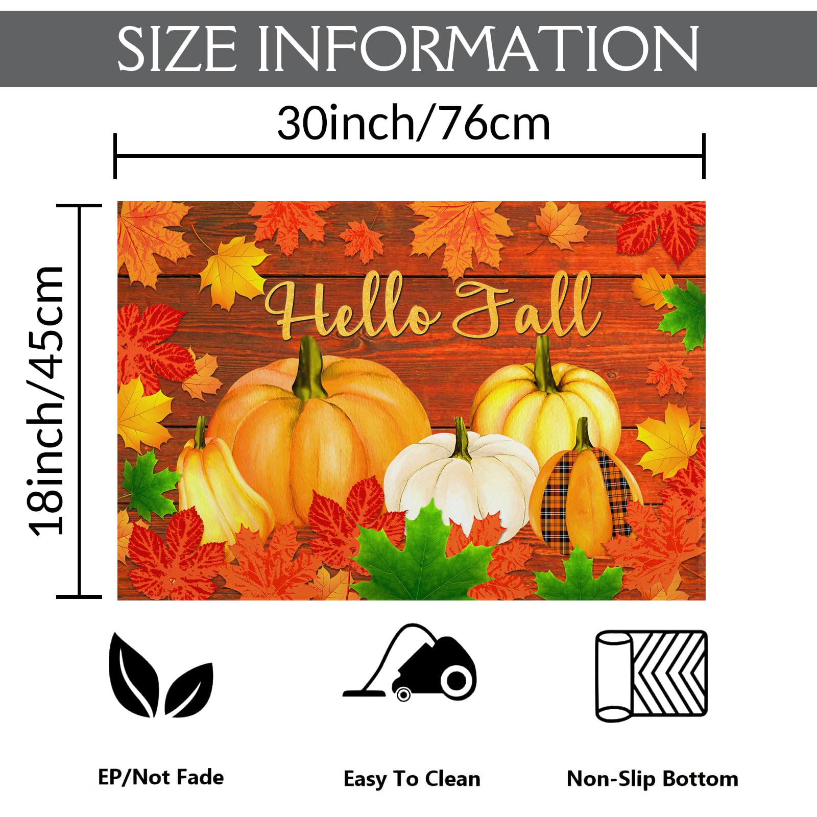 Hello Fall Welcome Mat for Front Maple Leaf Pumpkin Doormat Non-Slip Entrance Mat for Home Bedroom Living Room Outside Yard Floor Patio 17.9" x 29.9"