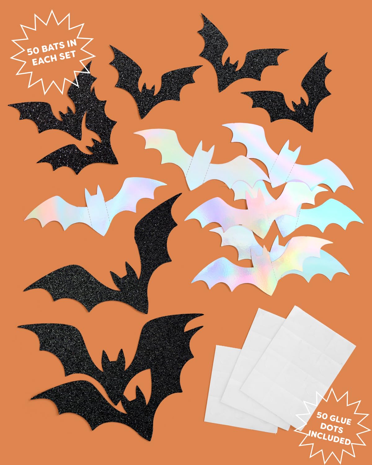 xo, Fetti Halloween Bat Wall Decor - 50 pcs. | Spooky Season Decoration, Haunted House Party Signs, Adhesive Bat Decor, Black and Silver Backdrop