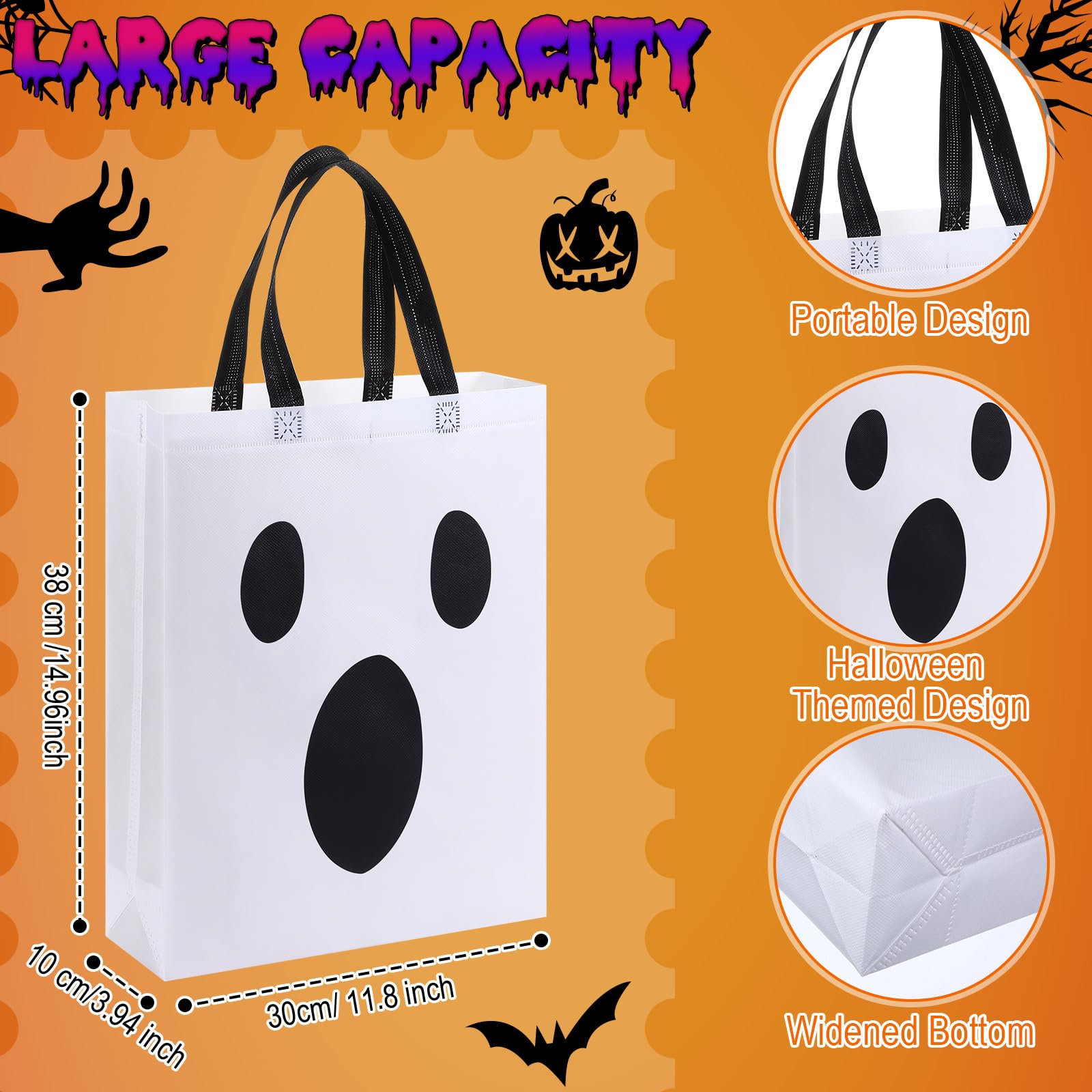 Sanwuta 48 Pcs Halloween Tote Bags Gift Bags 14.9 x 11.8 Large Trick or Treat Bags Halloween Ghost Bags Reusable Halloween Non Woven Candy Bags Treat Goodies Bags for Halloween Party Supplies