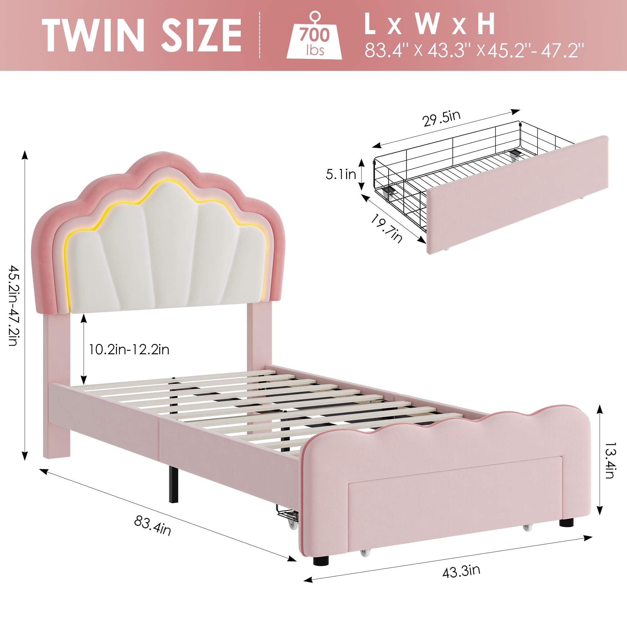 HOSTACK Twin Upholstered LED Bed Frame with Storage Drawer, Cute Girls Bed with Adjustable Lotus Headboard, Velvet Princess Platform Bed Frame, Wooden Slats Support, No Box Spring Needed, Pink/Beige