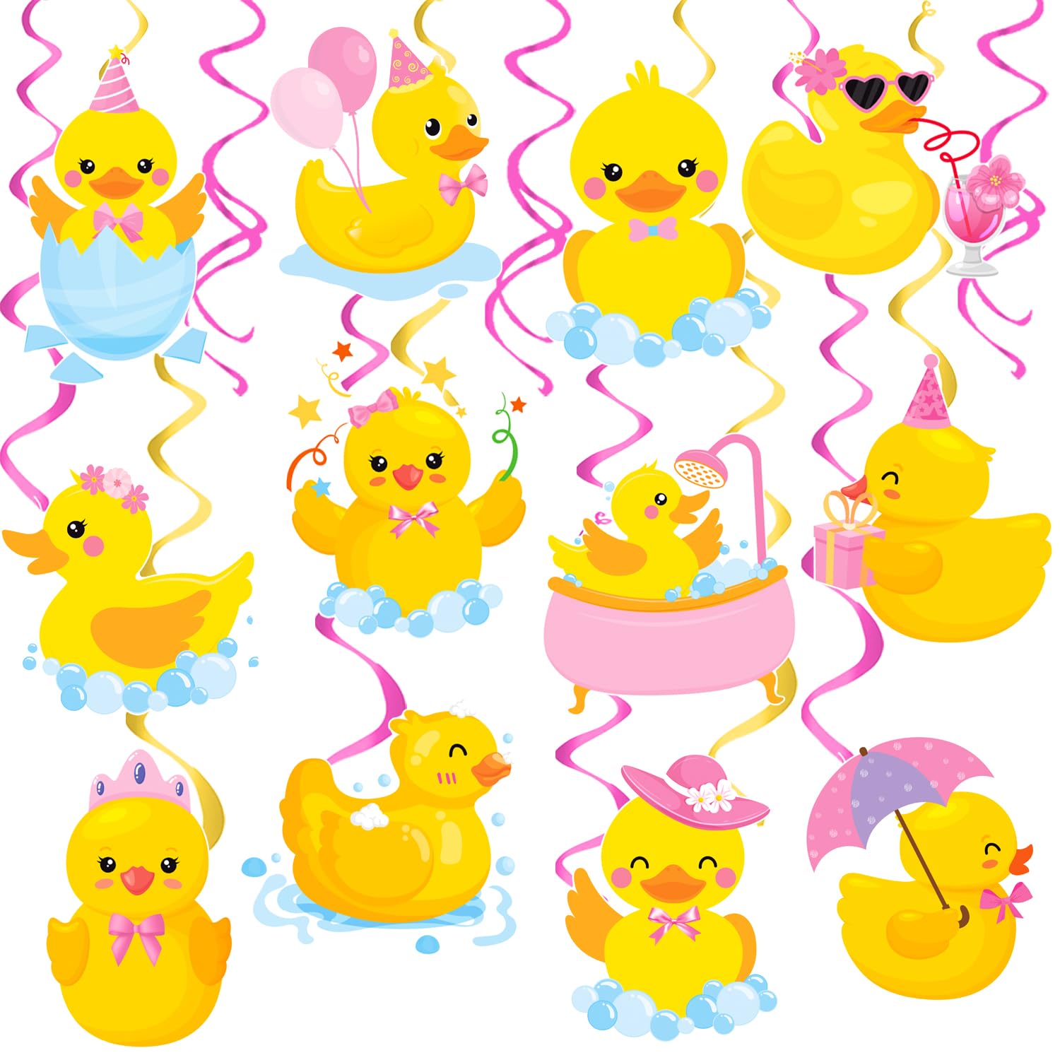 Pink Rubber Duck Hanging Swirls Rubber Duck Birthday Decorations 20PCS Duck Party Hanging Decorations Yellow Duck Ceiling Streamers for Girls Duck Themed Baby Shower Supplies