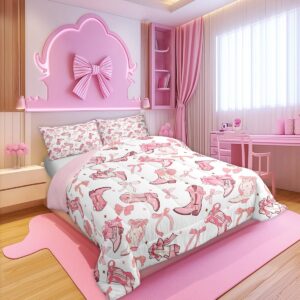 Manfei Cowgirl Comforter Set,Western Cowboy Boots Pink Bowknots Bedding Set for Kids Teens Bedroom,Dreamy Fairy Tale Princess Starry Quilt Set,Pink White Duvet Insert 2 Pcs with 1 Pillowcase,Twin