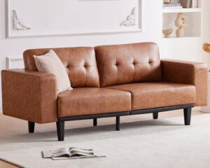 someet leather sofa couches for living room, 79” oversized loveseat sofa, 3 seat mid century modern couch, faux brown leather couch, love seat comfy sofas with solid leg, bedroom couch, cognac tan