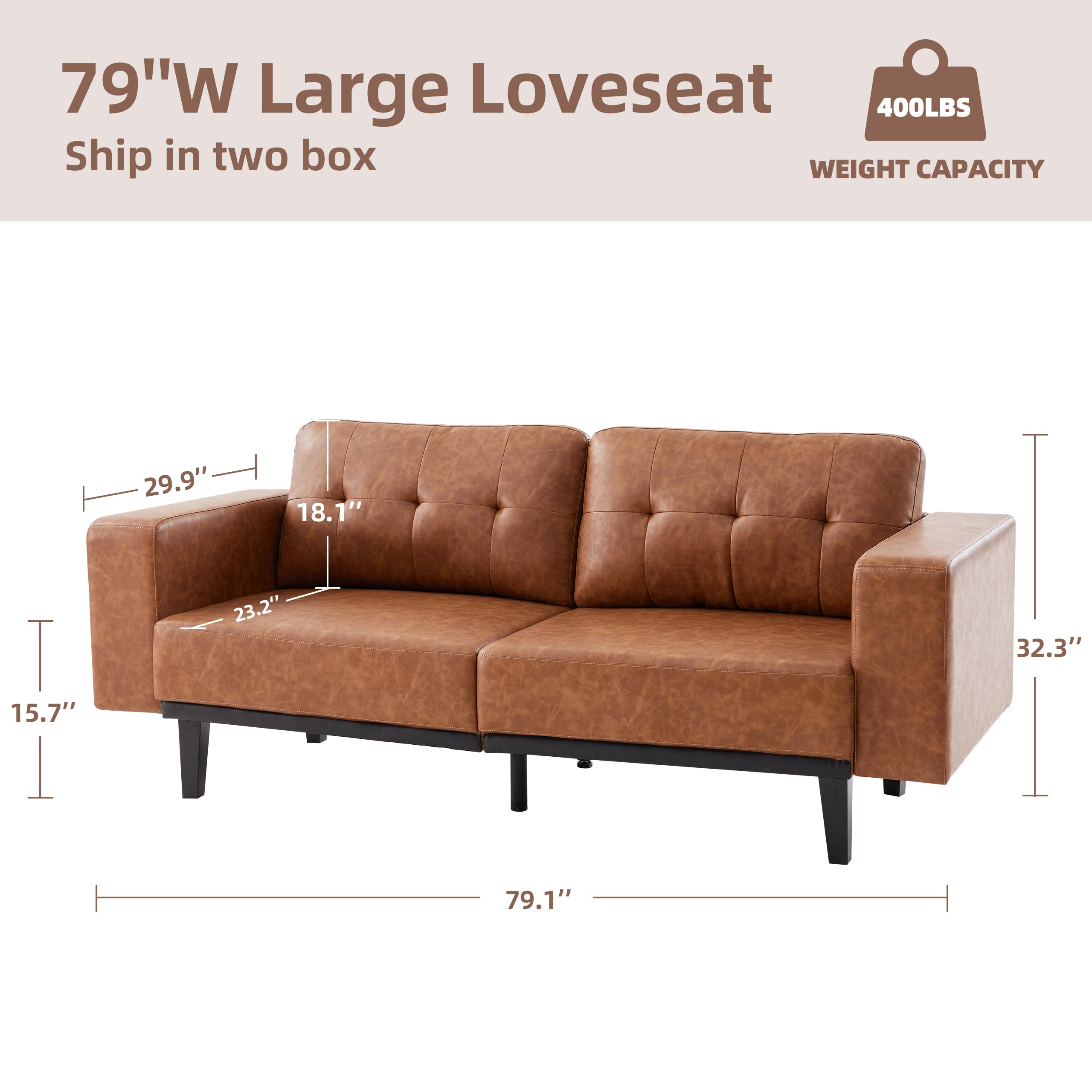 SOMEET Leather Sofa Couches for Living Room, 79” Oversized Loveseat Sofa, 3 Seat Mid Century Modern Couch, Faux Brown Leather Couch, Love Seat Comfy Sofas with Solid Leg, Bedroom Couch, Cognac Tan