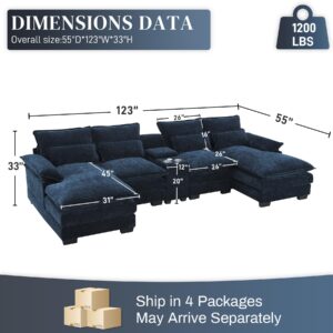 ONEMMLION Sectional Sofa Cloud Couch for Living Room, 123" Modern Fluffy Chenille U Shaped Couch, Comfy Modular Sofa Sleeper with Storage Console & Cup Holders & USB Ports for Apartment, Blue