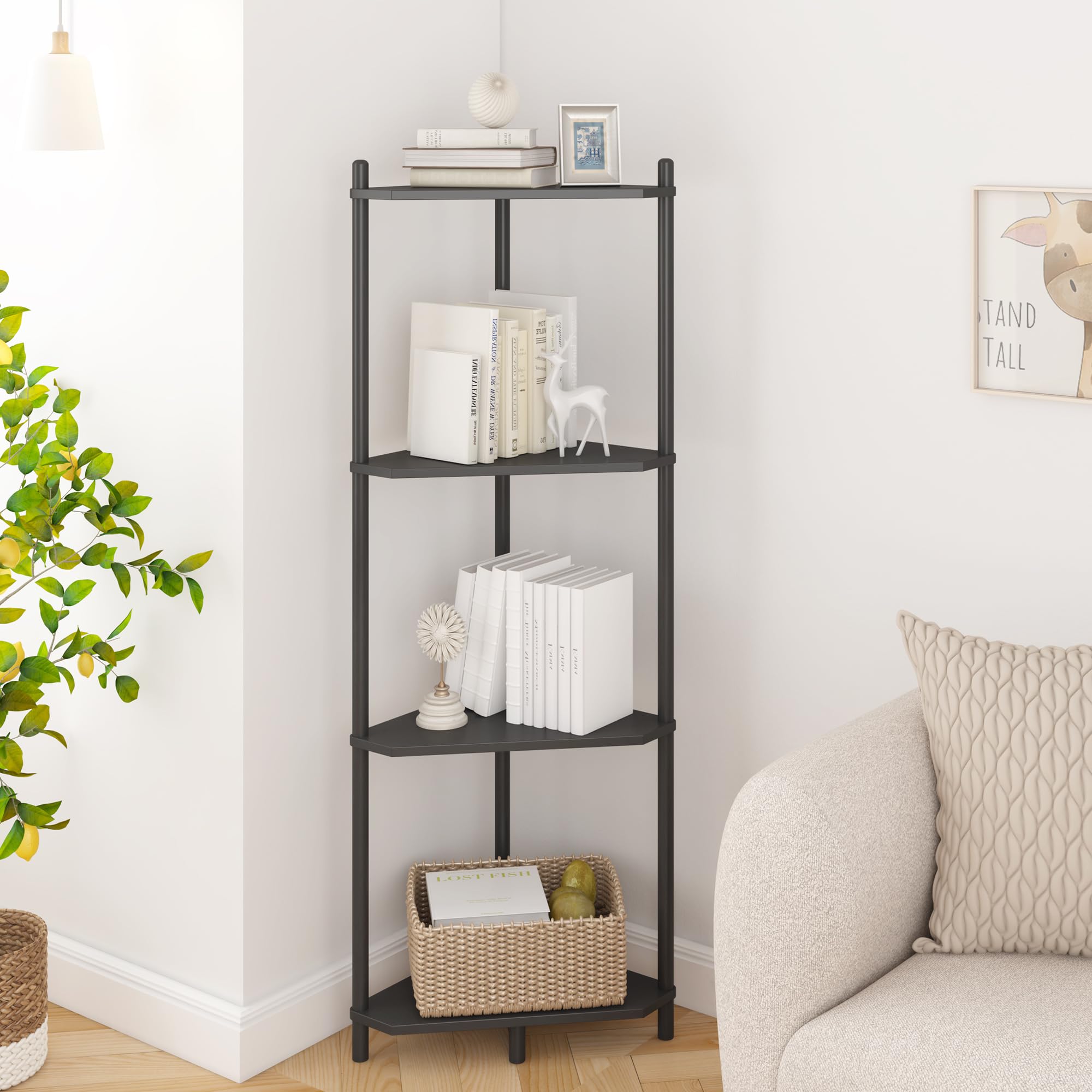 Wisuce Corner Shelf Stand - 4 Tier Black Bamboo Small Corner Bookshelf for Office Kitchen Bedroom Plant Stand Living Room Decor Small Space