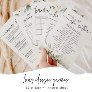 Bridal Shower Games - Set of 4 Bridal Shower Games for 30 Guests, Double-Sided Cards (Eucalyptus)