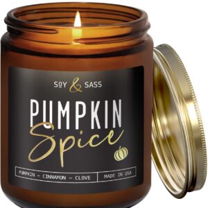 Pumpkin Spice Candle, Fall Candles - 'Pumpkin Spice' Pumpkin Candle, Autumn Scented Soy Candles for Home, Fall Scented Candles for Home, Fall Home Décor, 9oz Reusable Jar, 50Hr Burn, Made in USA