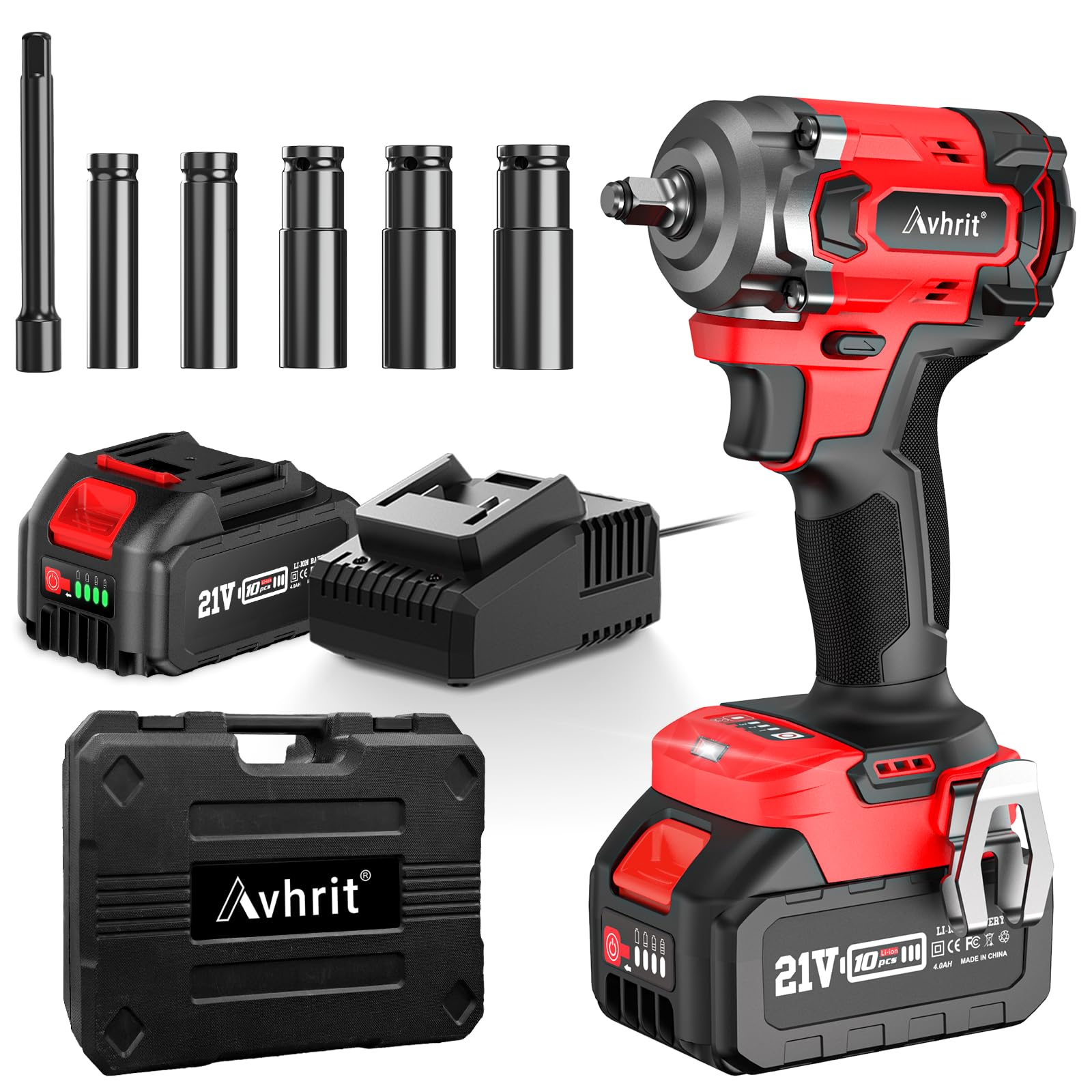 Avhrit 3/8" Impact Wrench Cordless, Brushless Electric Impact Gun Max Torque 330Ft-lbs(450N.m) w/ 4.0Ah Battery, Charger, 5 Sockets, Power Impact Wrenches for Car Home, Tire Repair