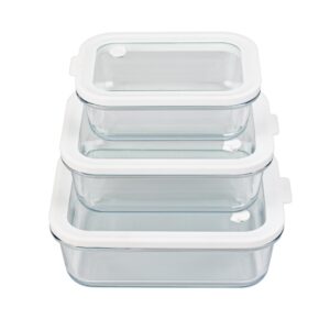 sio glass storage containers with glass lids, no plastic, set of 3, airtight small medium large for food meal prep, silcone snapware bowl container