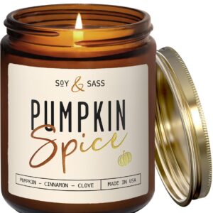 Pumpkin Spice Candle, Fall Candles - 'Pumpkin Spice' Pumpkin Candle, Autumn Scented Soy Candles for Home, Fall Scented Candles for Home, Fall Home Décor, 9oz Reusable Jar, 50Hr Burn, Made in USA