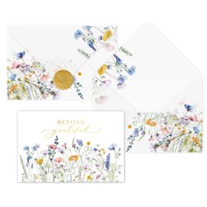 gooji 4x6 meadow bloom beyond grateful thank you cards, bridal shower, wedding, baby shower, birthday, small business (bulk 20 pack) vellum envelopes