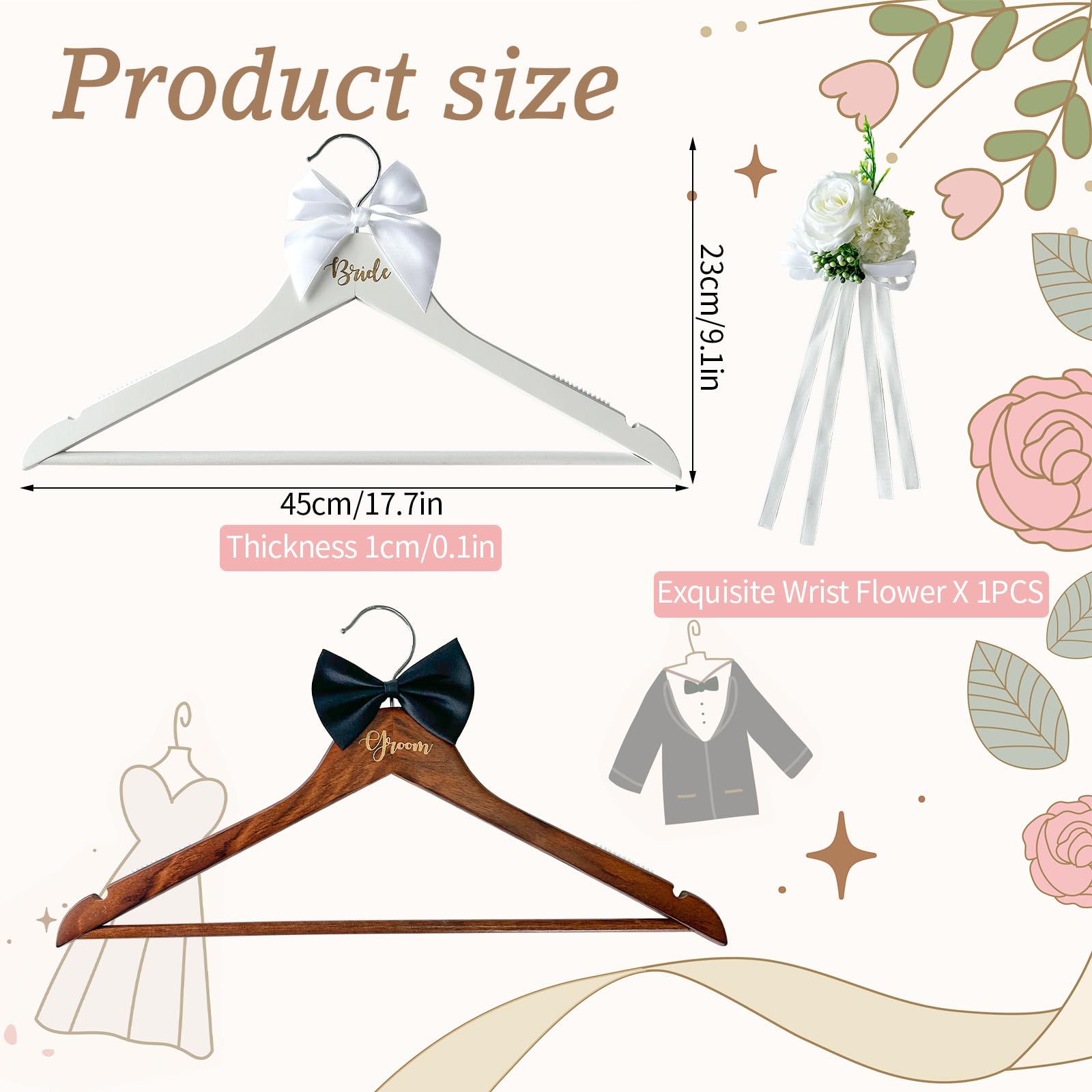 LAIAMER 2 Pack Bride Hanger Groom Hanger, Bridal Hanger Wedding Hanger with Bow Tie & Artificial Flower for Wedding Dress Wedding Gift Wedding Party Shower Gift