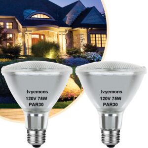 ivyemons par30 long neck halogen 75w 120v - 2 pack par30 75w 120v flood bulb warm white 2800k, par30 dimmable e26 base, high output 800lm 75w par30 halogen bulb for tracking light, recessed light