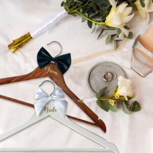 LAIAMER 2 Pack Bride Hanger Groom Hanger, Bridal Hanger Wedding Hanger with Bow Tie & Artificial Flower for Wedding Dress Wedding Gift Wedding Party Shower Gift