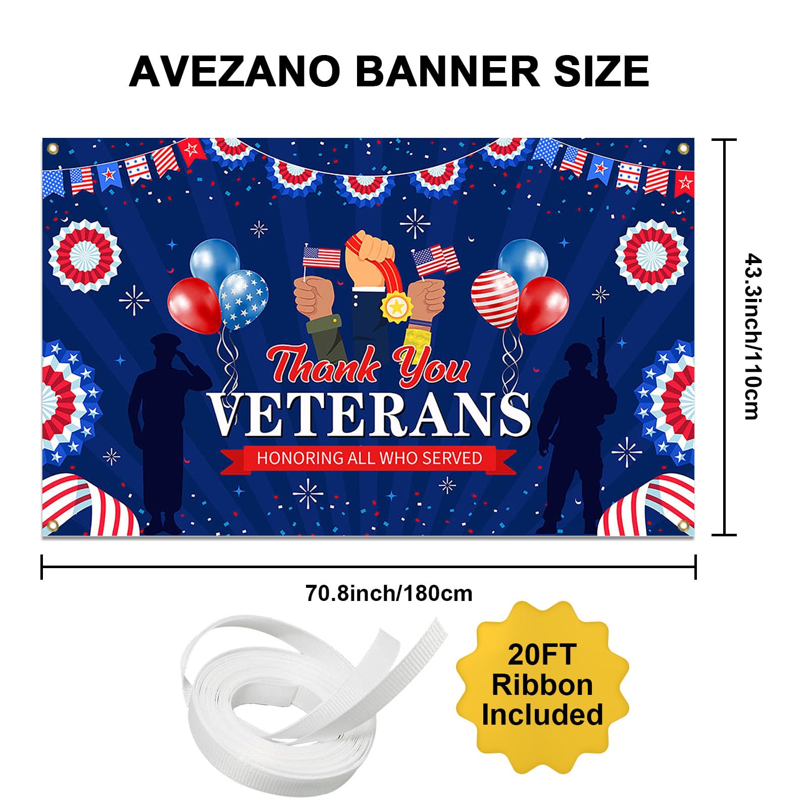 Avezano Veterans Day Banner Thank You Veterans Backdrop Patriotic Decor Veterans Day Memorial Day Decorations Thank You Veterans Supplies for Party Banner 70.8 x 43.3 Inch