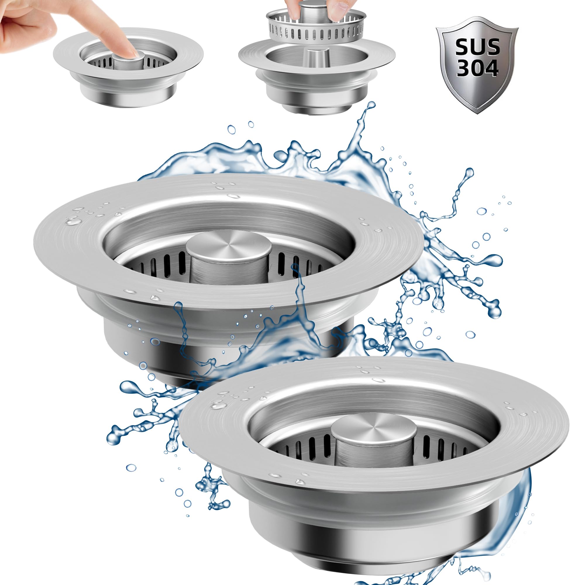 NinjaTiger Kitchen Sink Drain Strainer - 2 Pack 3-in-1 Stainless Steel Pop Up Sink Stopper Sink Strainer Basket Sink Stopper Filter Plug for US Standard 3-1/2 Inch Sink Drain | Silver- 2Pack