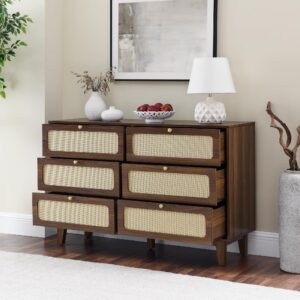 nicbex rattan dresser for bedroom chest of drawers with 6 drawers,modern cannage rattan wood closet chest of drawers,rattan storage dresser for closet, bedroom,living room,hallway,natural walnut