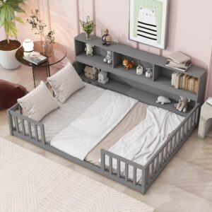 keiki full floor bed with side bookcase,shelves,guardrails,grey