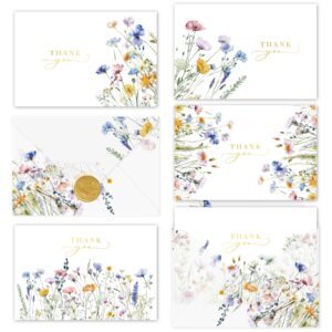 4x6 meadow bloom thank you cards with envelopes (bulk 20-pack) matching vellum envelopes assorted bulk, watercolor birthday party, baby shower, bridal shower, weddings, greeting, blank notes stationary