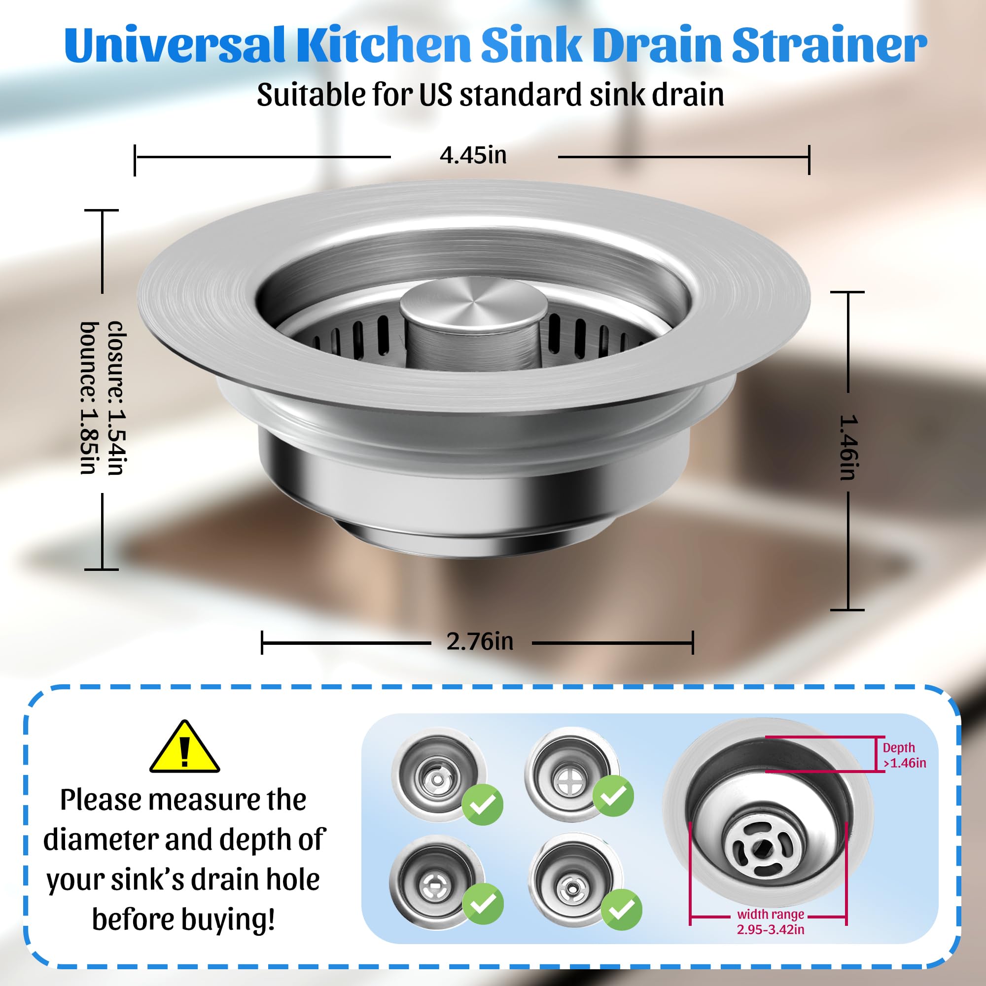 NinjaTiger Kitchen Sink Drain Strainer - 2 Pack 3-in-1 Stainless Steel Pop Up Sink Stopper Sink Strainer Basket Sink Stopper Filter Plug for US Standard 3-1/2 Inch Sink Drain | Silver- 2Pack