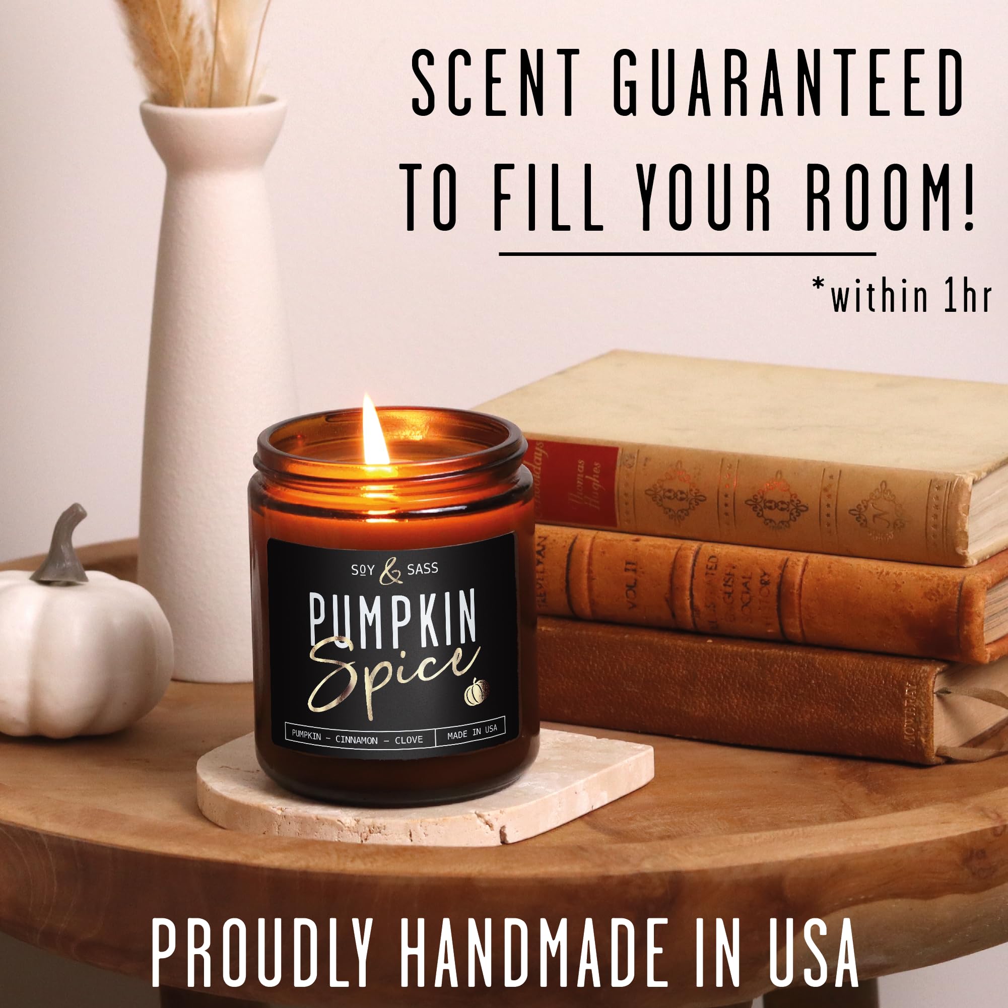 Pumpkin Spice Candle, Fall Candles - 'Pumpkin Spice' Pumpkin Candle, Autumn Scented Soy Candles for Home, Fall Scented Candles for Home, Fall Home Décor, 9oz Reusable Jar, 50Hr Burn, Made in USA