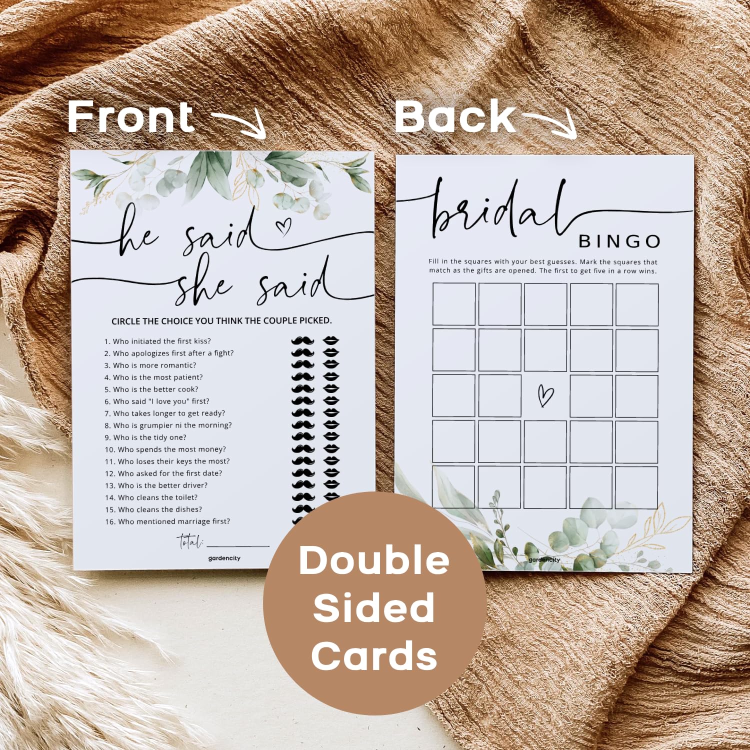 Bridal Shower Games - Set of 4 Bridal Shower Games for 30 Guests, Double-Sided Cards (Eucalyptus)