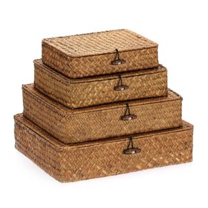 hipiwe flat wicker storage basket bin with lid - set of 4 large woven shelf baskets boxes natural seagrass basket bin rectangular decorative storage boxes for closet shelf organizer, caramel